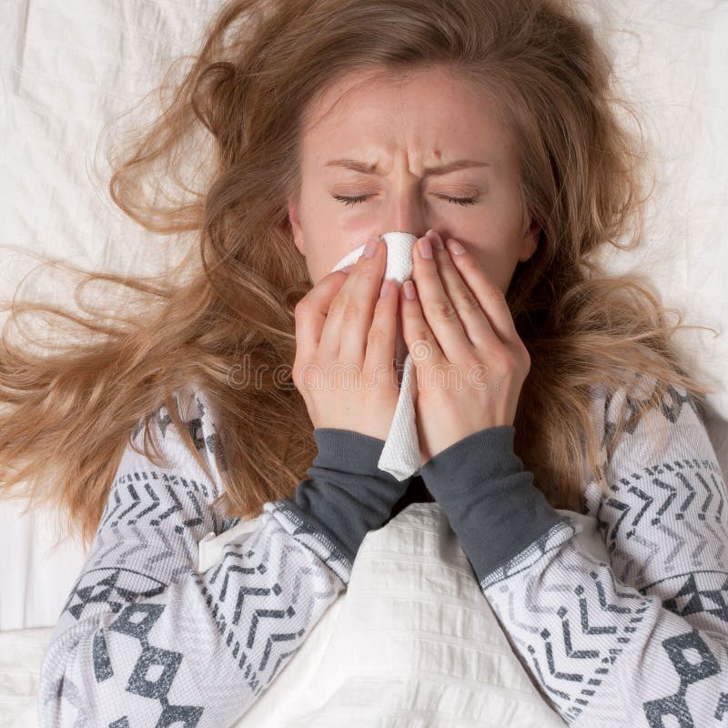 Woman Has Cold, Flu and High Fever. Stock Image - Image of pillow ...