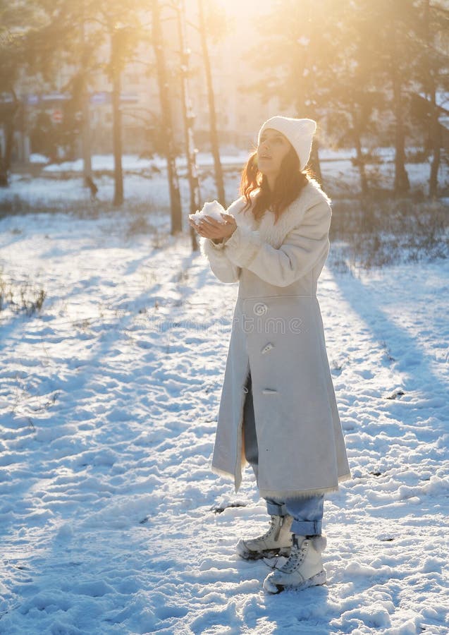 Woman Has Fun with a Snow in Forest Stock Image - Image of 2022, happy ...