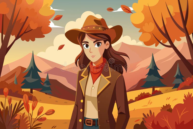 A Woman in Hat and Coat among Fall Foliage at Dusk Stock Vector ...