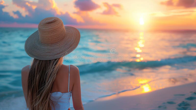Woman with Hat Looking at Ocean Sunset. Stock Photo - Image of female ...