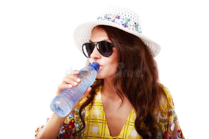 Woman with Hat and Sunglasses Drinking Water Stock Image - Image of ...