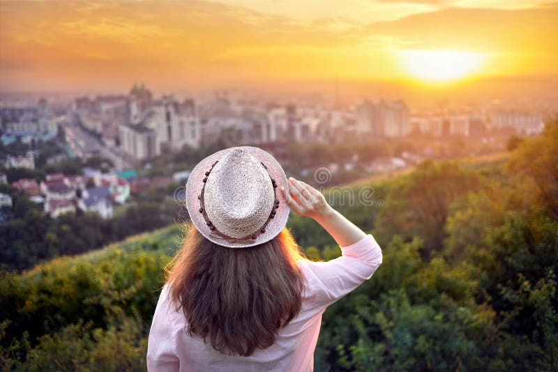 Woman in Hat at Sunset City View Stock Photo - Image of almaty ...