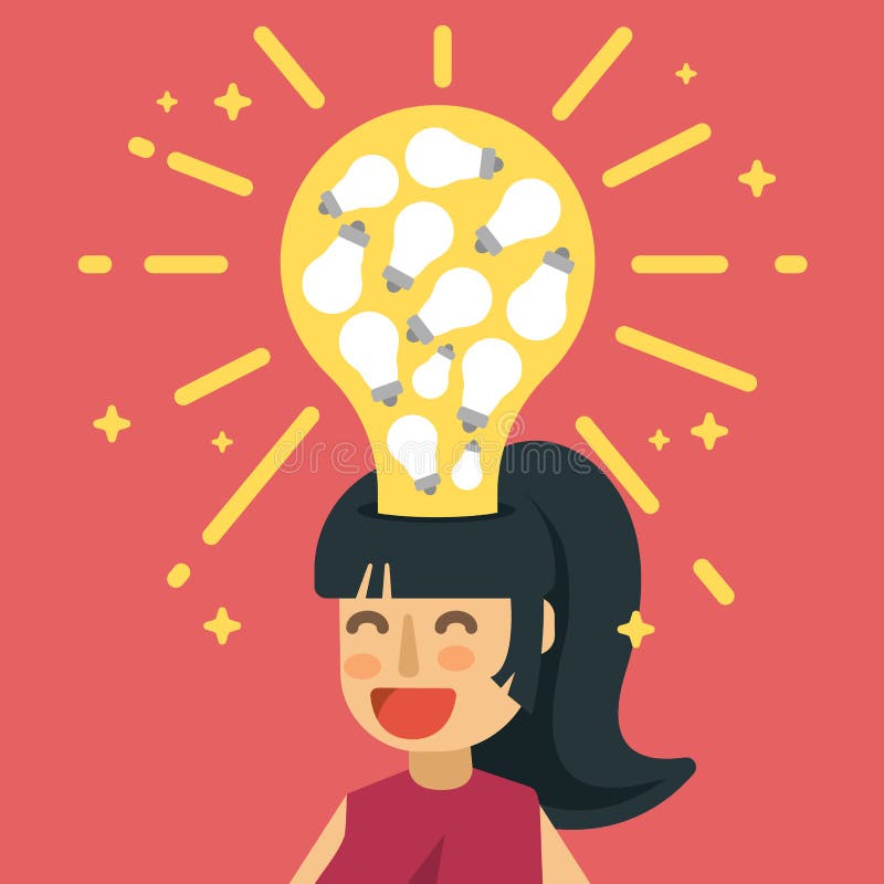 Woman Have Plenty of Light Bulb Ideas in Her Head. Stock Vector - Illustration of innovation ...