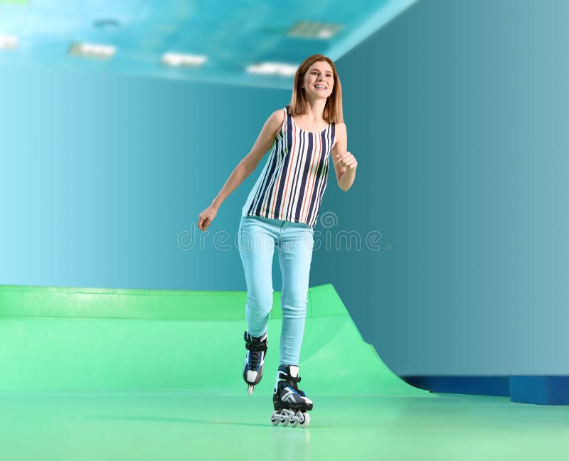 Woman Having Fun at Roller Rink Stock Image - Image of rolling, enjoy ...