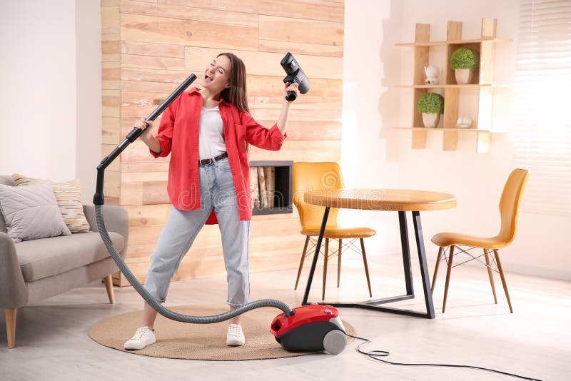 Woman Having Fun while Vacuuming at Home Stock Photo - Image of cleaner ...