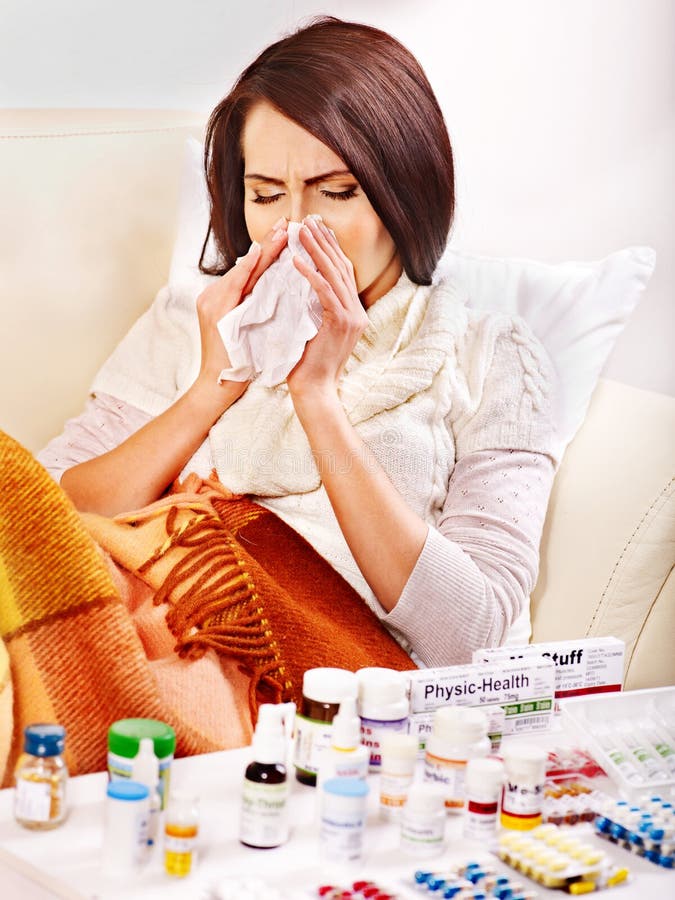 Woman Having Pills and Tablets. Stock Photo - Image of headache, pillow ...