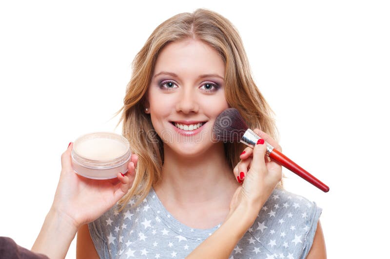 Woman Having Powder Applied by Make-up Artist Stock Image - Image of ...