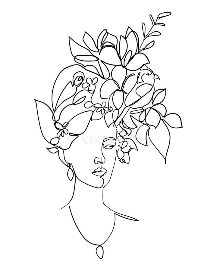Woman Head with Flowers One Line Drawing. Stock Vector - Illustration ...