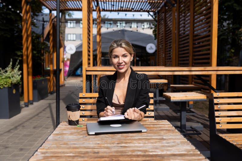 Woman Head Working Outdoors with Laptop Diary Stock Image - Image of ...