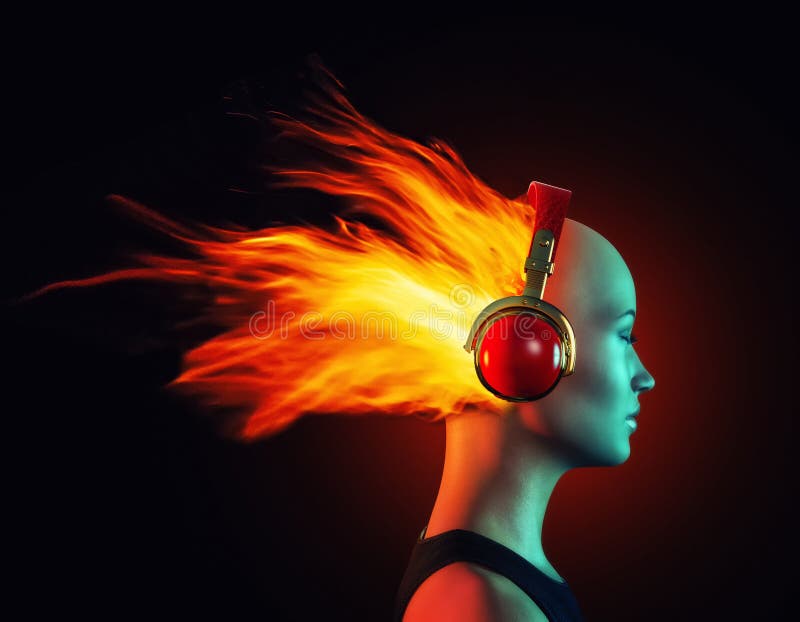 Woman with a Headset and a Flame on Her Head Stock Illustration ...