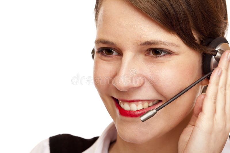 Woman with Headset Laughs Happy and Makes a Call Stock Photo - Image of ...