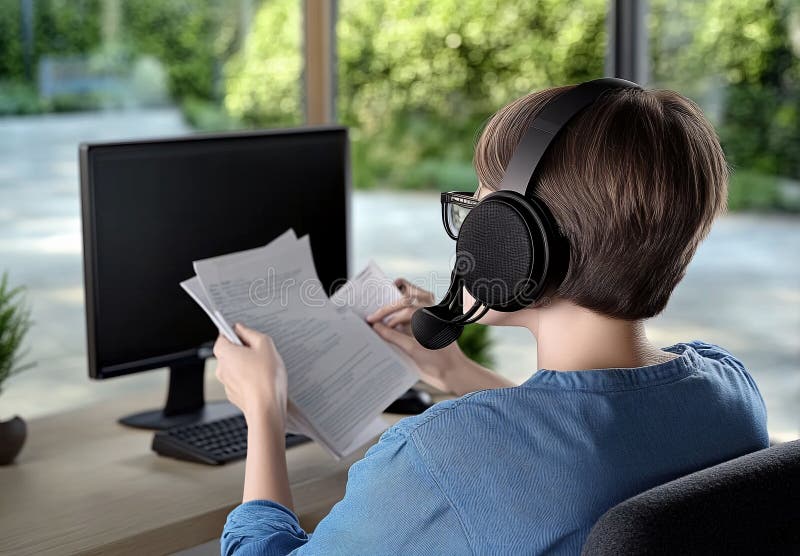 Woman with Headset Reviewing Documents at Computer High Quality Image ...