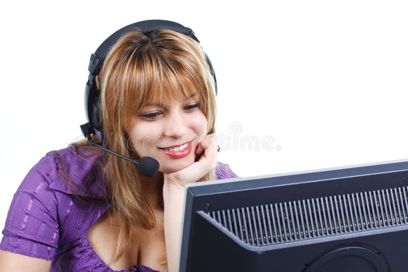 Woman with Headset Watching the Monitor Stock Image - Image of monitor ...