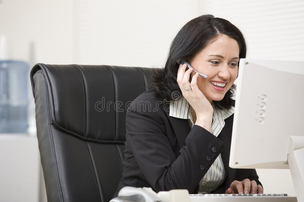 Woman in Headset Working at Computer Stock Image - Image of customer ...