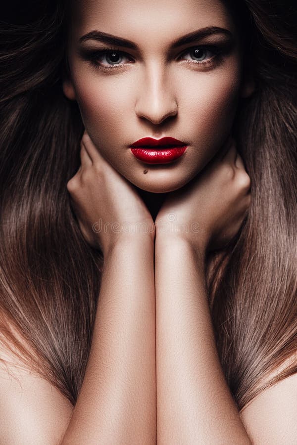 Beautiful Young Woman Using Hair Blower. Healthy Long Hair Stock Photo ...