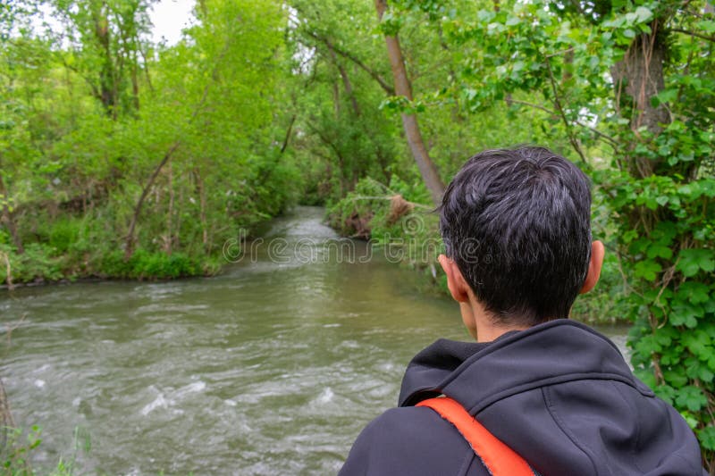 Woman with Her Back To the Camera Looking at the River in the Forest ...