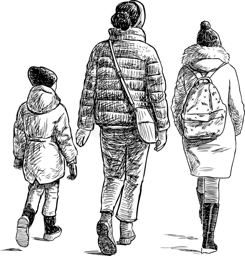 A Woman and Her Daughters Go for a Stroll Stock Vector - Illustration ...