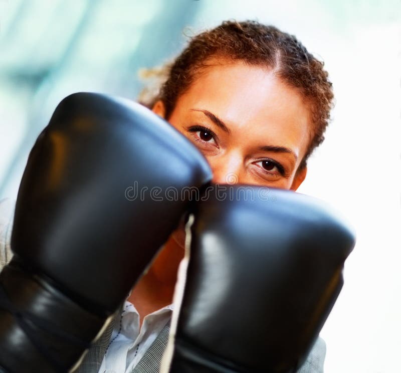 Woman with Her Face Covered by Boxing Gloves Stock Photo - Image of ...