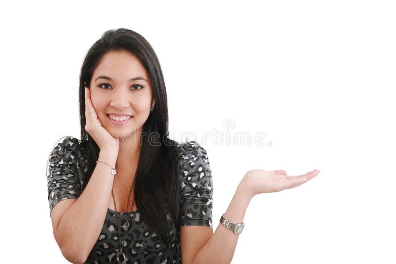 Woman With Her Hand Open To Show A Product Stock Photo - Image of adult ...