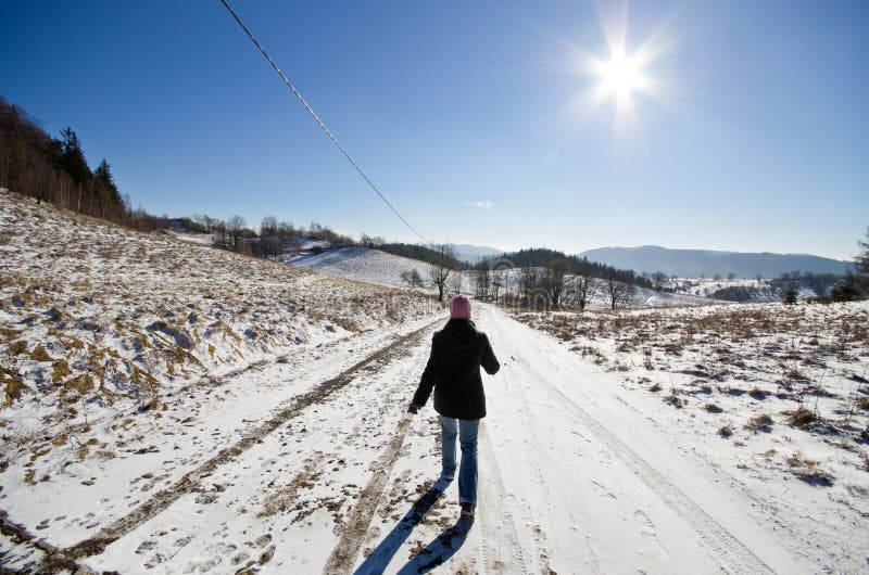 Woman on the Way during the Winter Stock Image - Image of scene, forest ...