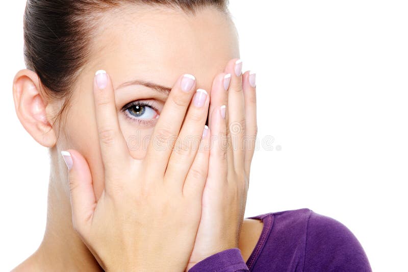 Woman Hide Her Face and Watch through Fingers Stock Image - Image of ...