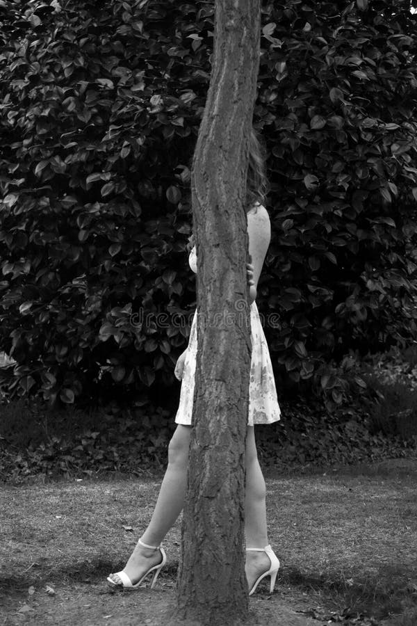 Woman hides behind a tree stock photo. Image of garden - 101760506