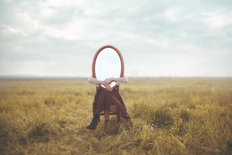 Woman Hides Holding a Mirror in Front of Her Face Introspection Path ...