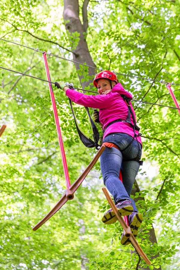 Woman in High Rope Course or Park Climbing Stock Photo - Image of skill ...