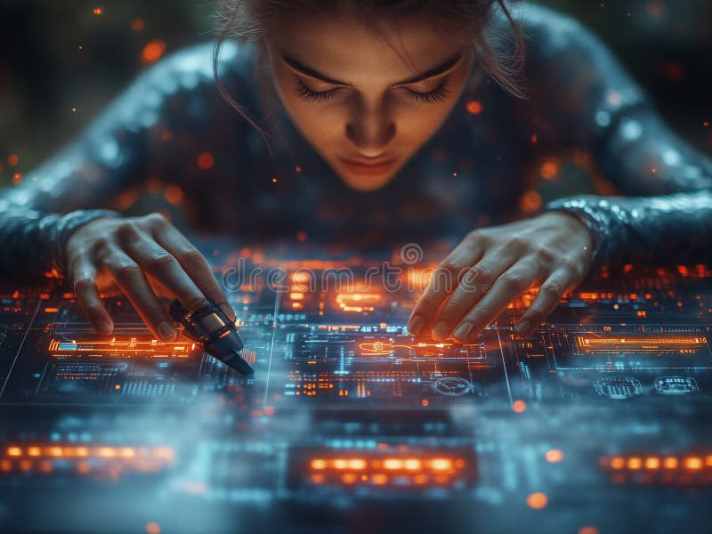 A Woman in a High-tech, Form-fitting Outfit Interacts with a Glowing ...