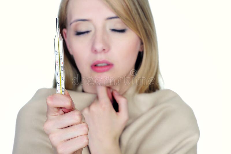 Woman with High Temperature Holding a Thermometer Stock Image - Image ...