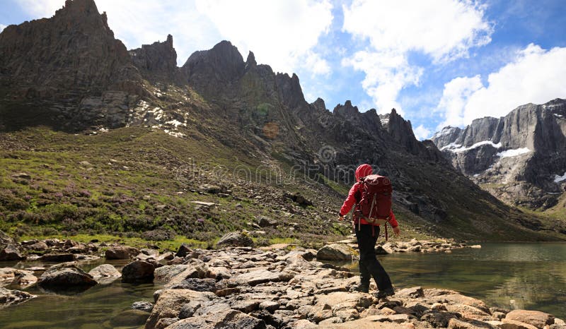 Hiker with Backpack Walking on High Altitude Mountains Stock Photo ...