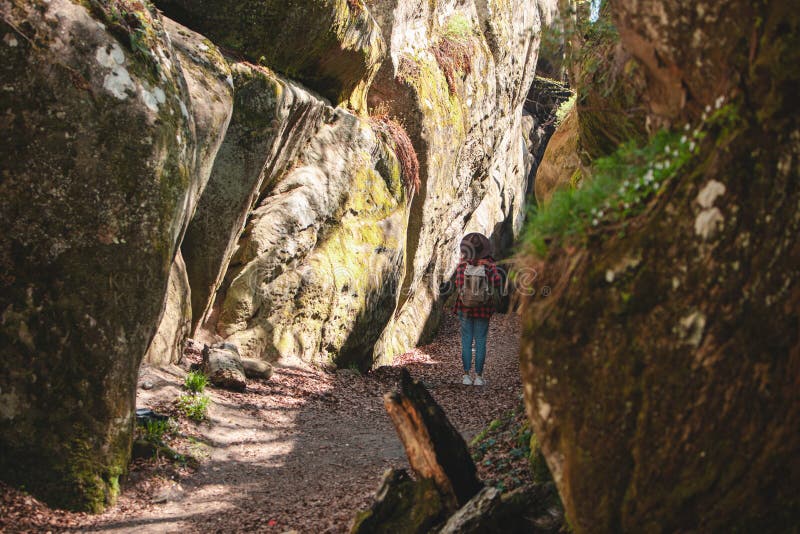 Woman Hiker with Backpack Walking by Trail Stock Photo - Image of rock ...
