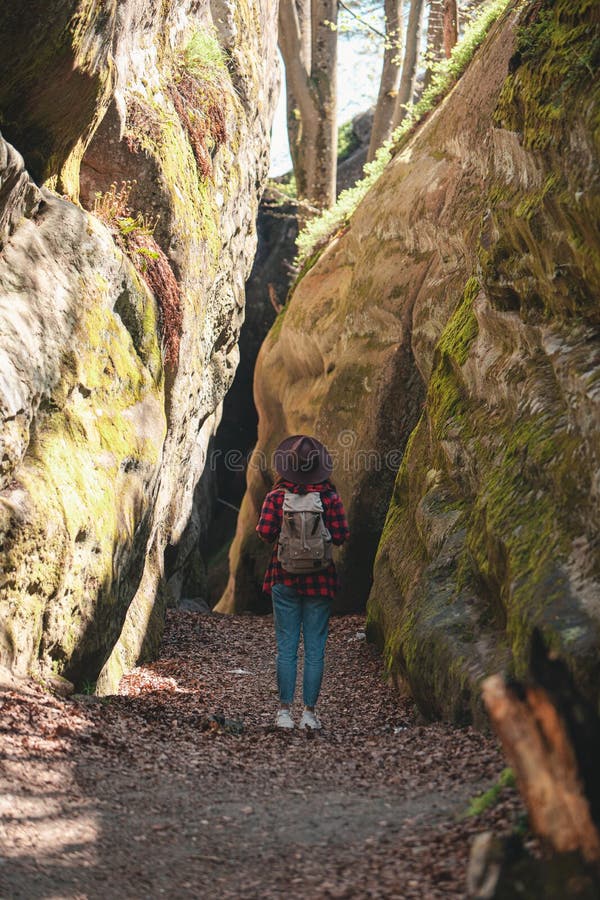 Woman Hiker with Backpack Walking by Trail Stock Image - Image of ...