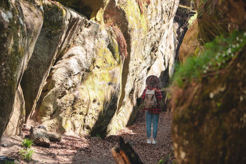 Woman Hiker with Backpack Walking by Trail Stock Photo - Image of ...