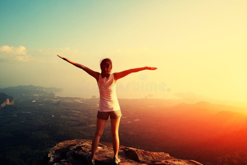 Beautiful Female Model Open Arms Under Sunrise at Seaside. Calm Water ...