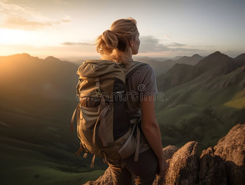 A Woman Hiker Seen from Back, on a Top of a Mountain Stock Illustration ...