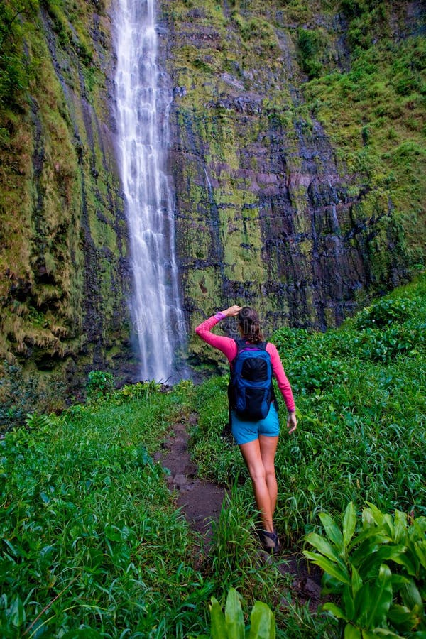 Woman Hiking Backpack Waterfall Stock Photo - Image of adventure ...