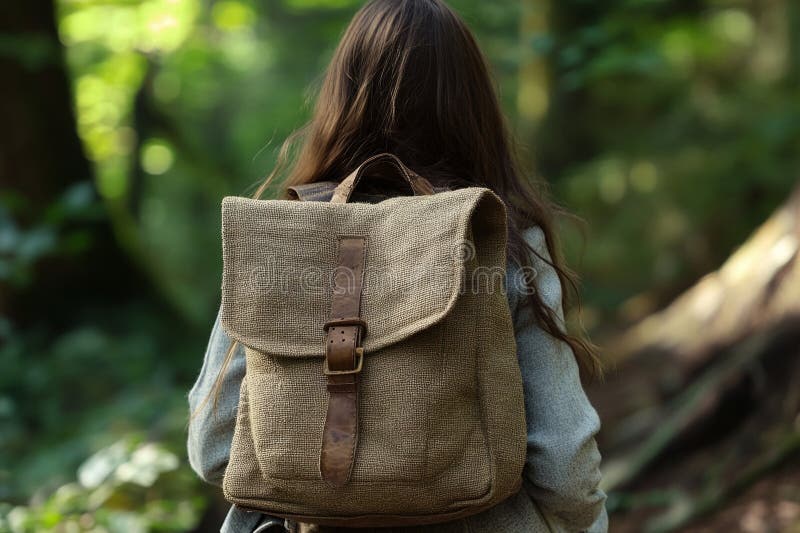 Woman Hiking through Lush Forest with Rustic Backpack Stock Photo ...