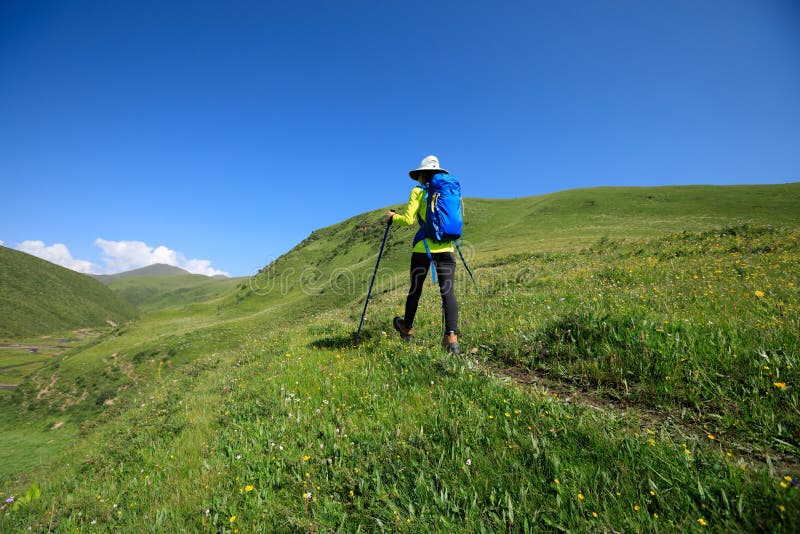 Woman Hiking on Prairie Mountain Trail Stock Image - Image of ...