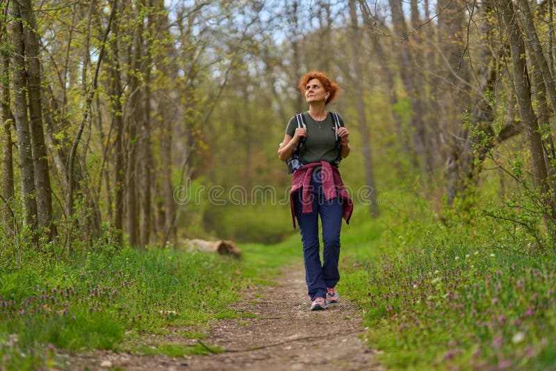 Woman Hiking in Spring Forest Stock Photo - Image of walking, casual ...