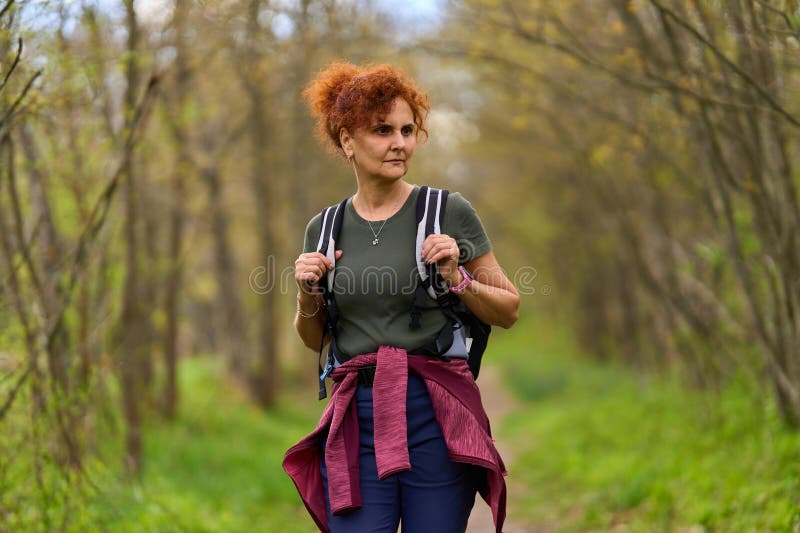 Woman Hiking in Spring Forest Stock Photo - Image of scenic, female ...