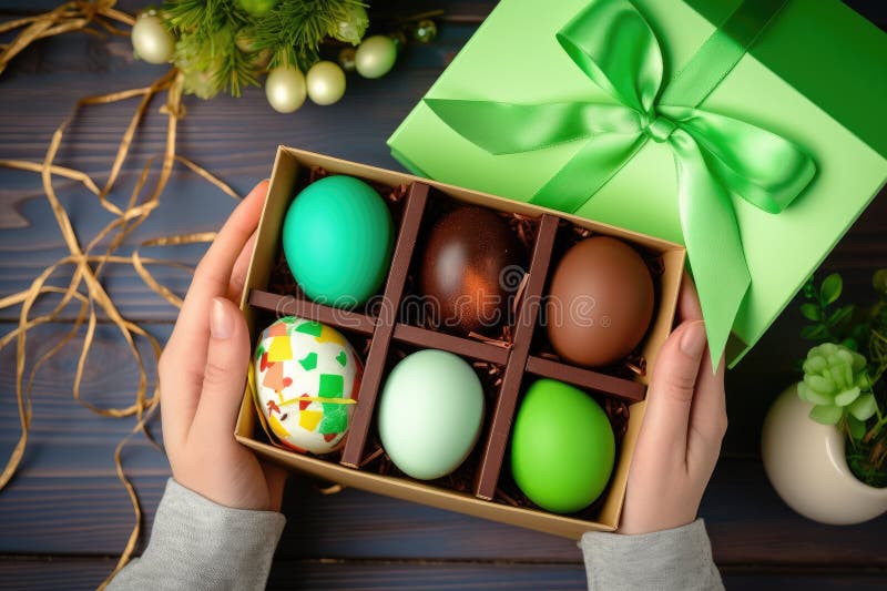 Woman Hold Chocolate Elegant Easter Eggs, in a Box. AI Generative Stock Illustration ...