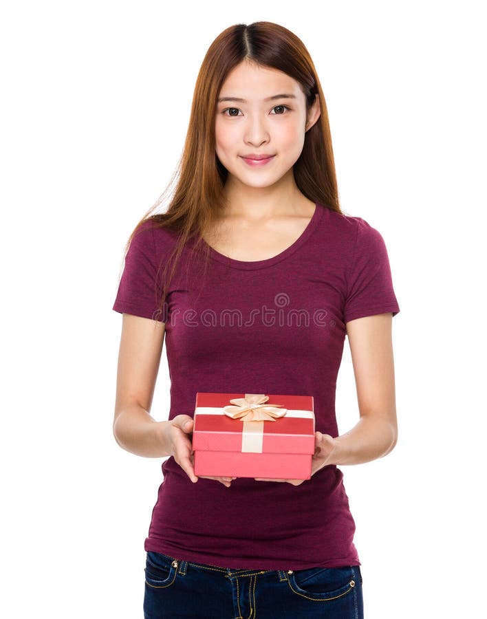Woman hold with a gift stock image. Image of surprise - 50809823