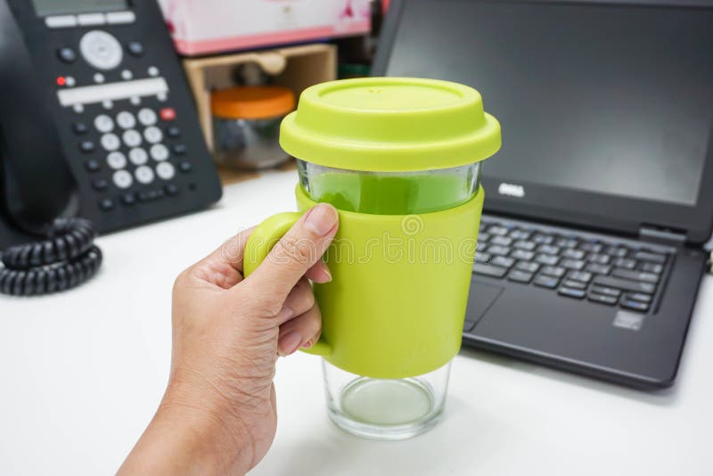 Woman Hold Green Mug during Working Stock Photo - Image of adult, girl ...