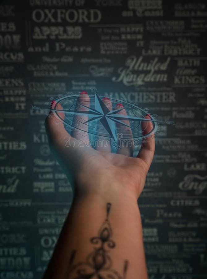 Woman hold virtual compass stock photo. Image of east - 179032180