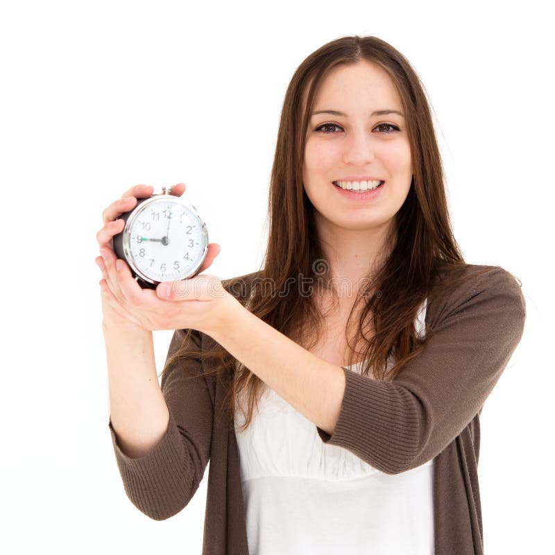 Woman holding alarm clock stock image. Image of friendly - 23484419
