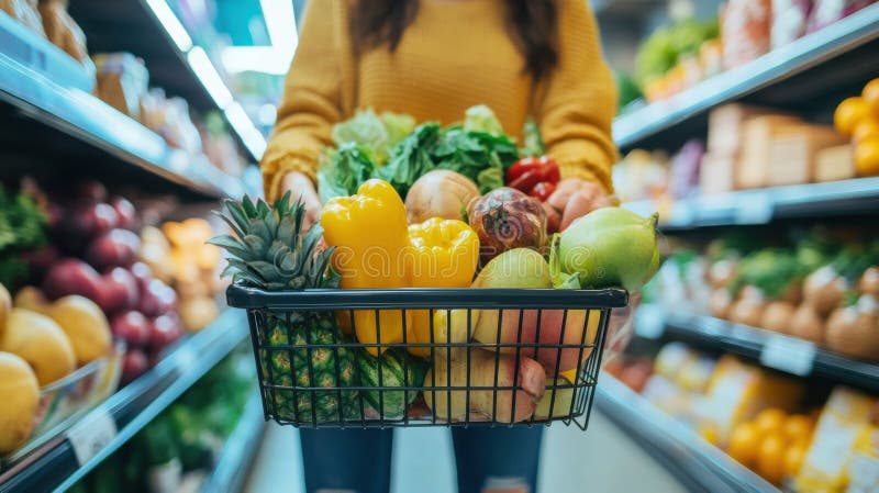A Woman Holding a Basket of Fruit and Vegetables Stock Illustration ...