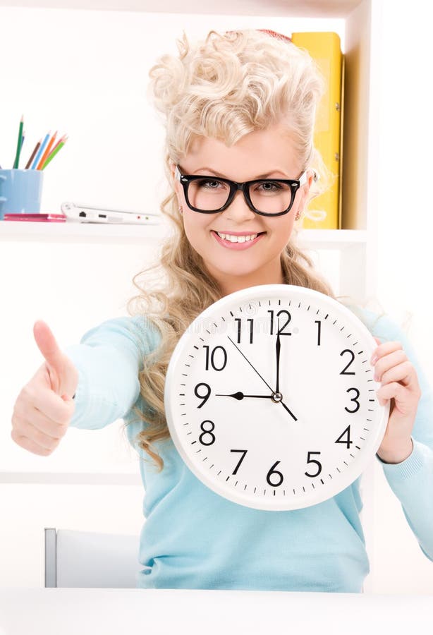 Woman holding big clock stock photo. Image of boss, businesspeople ...