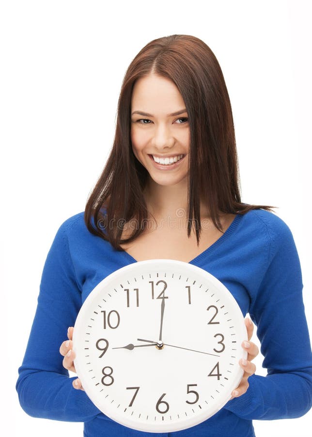 Woman holding big clock stock image. Image of boss, cheerful - 39524027
