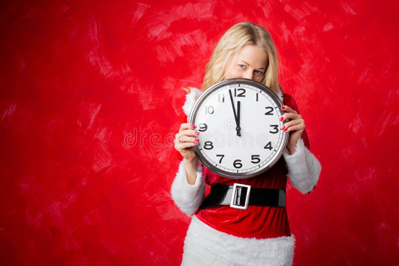 Woman Holding Big Clock Waiting for New Year Stock Image - Image of ...